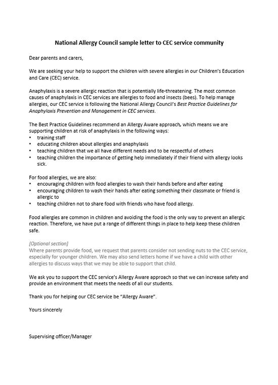 Sample letter about anaphylaxis and allergies for the children’s ...